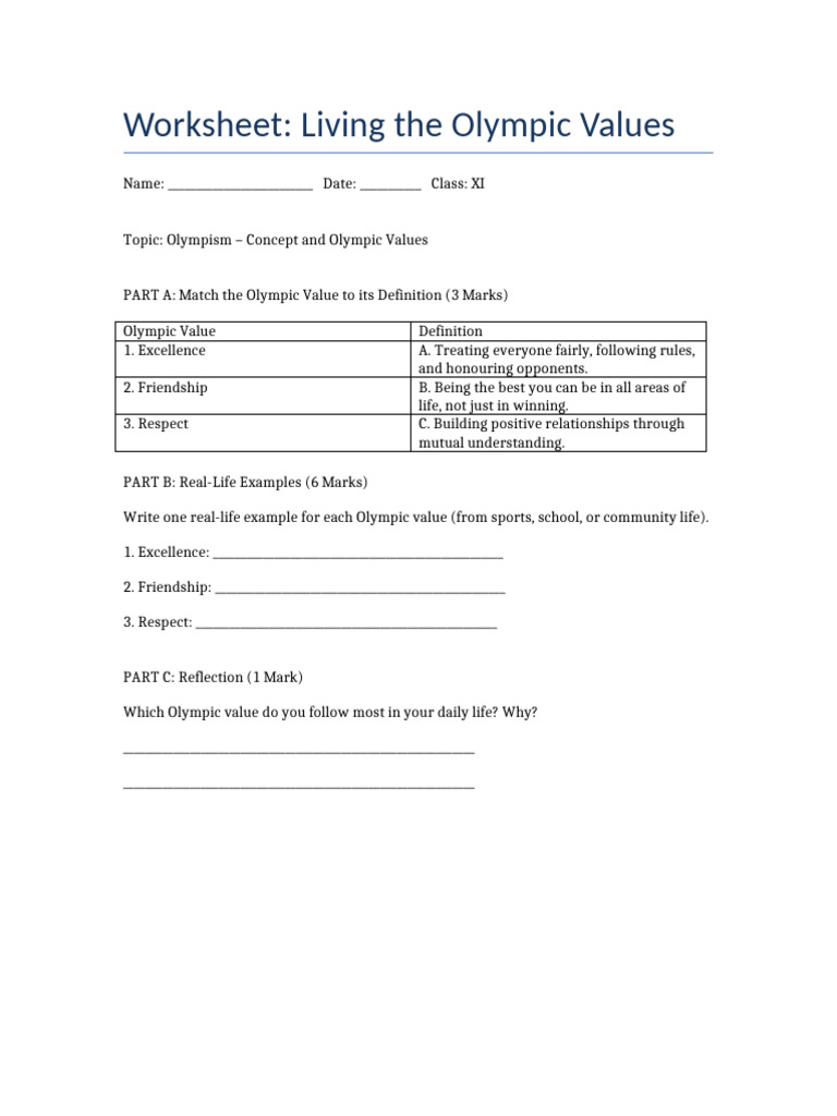 Olympic Values Worksheet | PDF