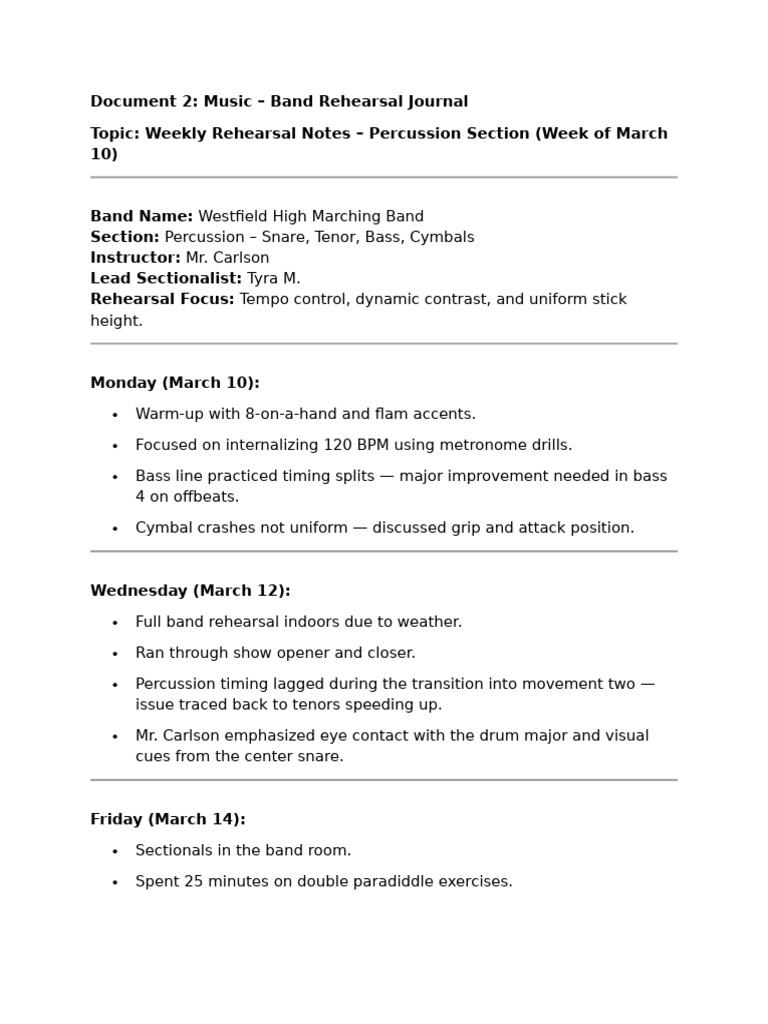 Weekly Percussion Rehearsal Notes | PDF
