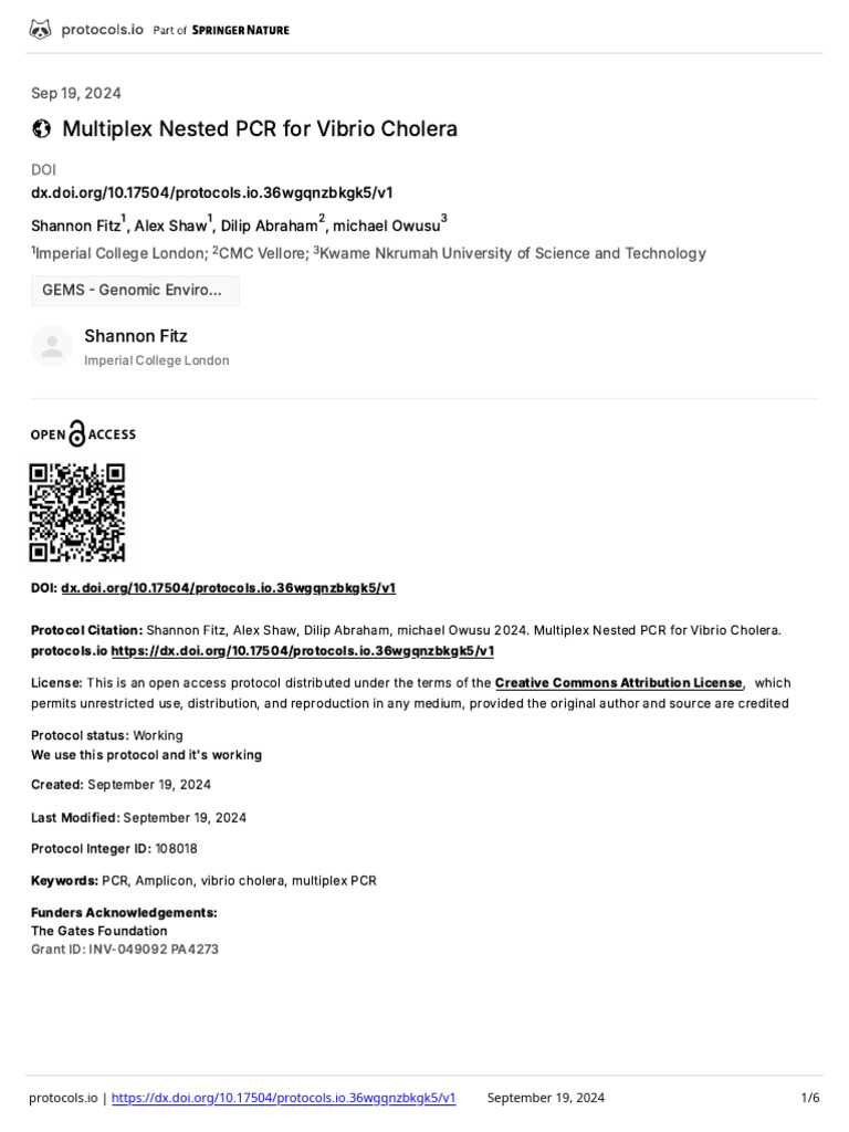 Multiplex Nested PCR For Vibrio Cholera Dmqs45we | PDF | Polymerase Chain Reaction | Amplicon