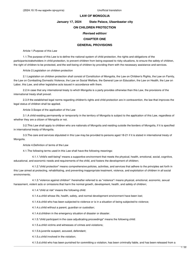 Mongolia's Child Protection Law Overview | PDF | Violence | Child ...