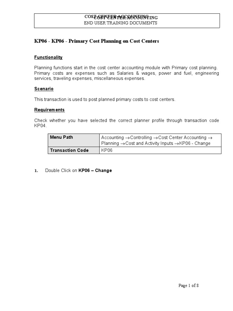 Kp06 Kp06 Primary Cost Planning On Cost Centers Cost Center
