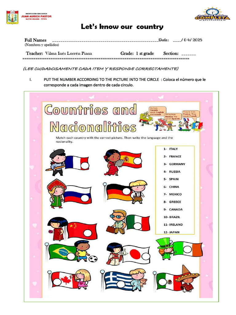 Fichas de Trabajo Lest S Know Our Contry | PDF