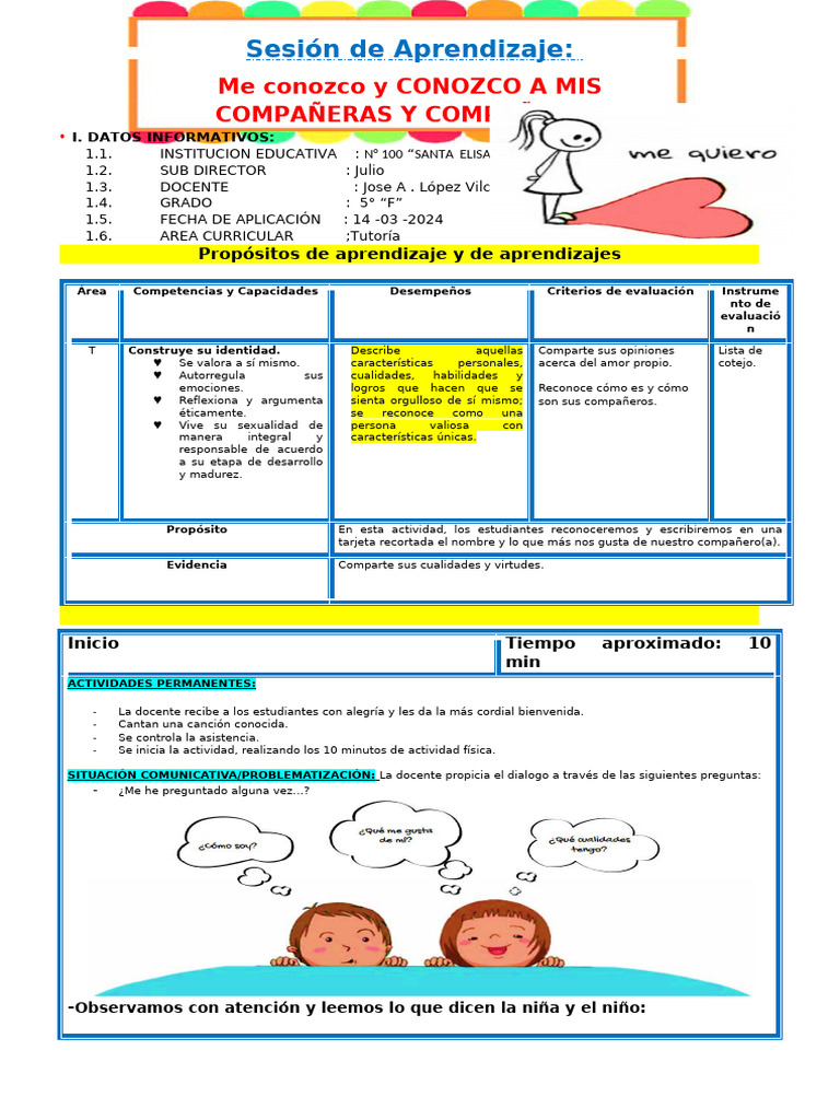 3° Sesión Día 4 Tut Me Conozco y Conozco A Mis Compañeras y Compañeros ...