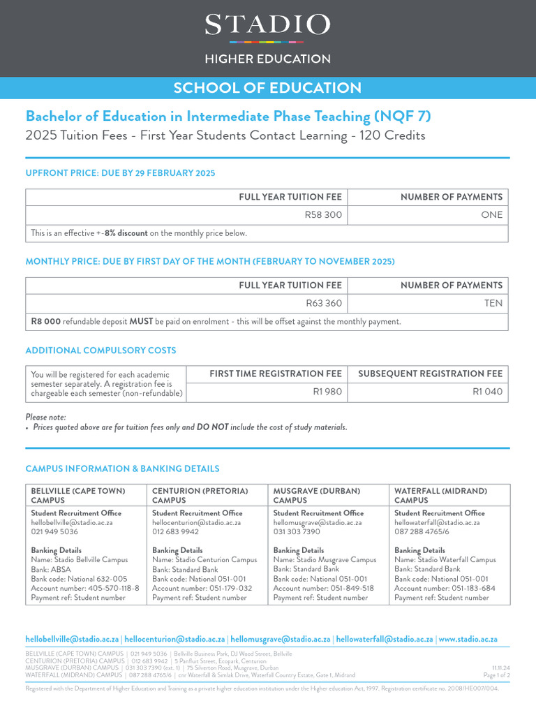 STADIO SOE CL BEd in Intermediate Phase Fees 2025 | PDF | Fee