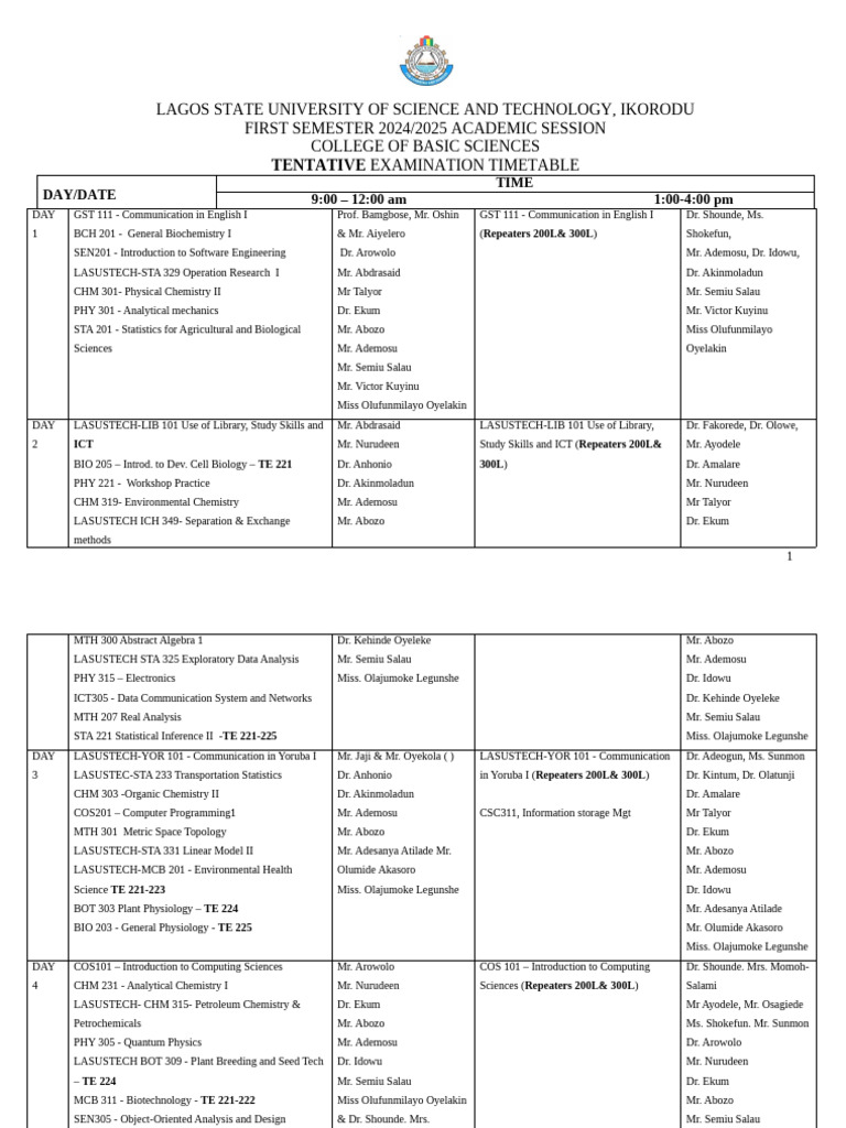First Semester Examination Time Table Roster Cbs 2 | PDF