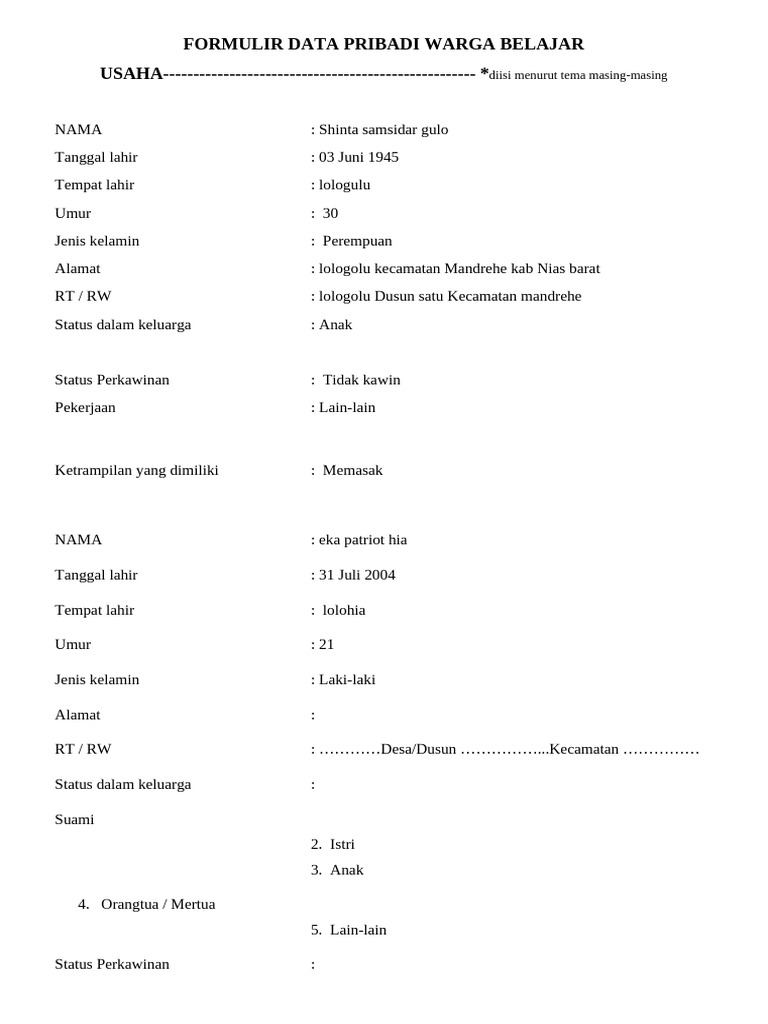 Format FORMULIR DATA PRIBADI WARGA BELAJAR | PDF