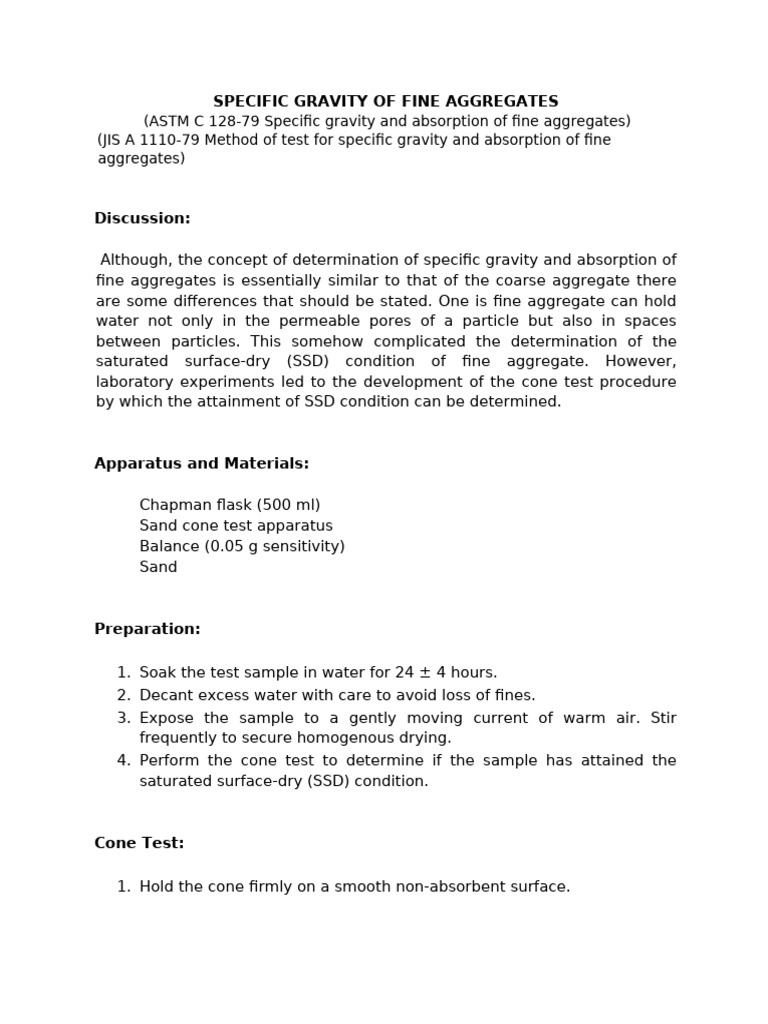 SPECIFIC GRAVITY OF FINE AGGREGATE Lab | PDF