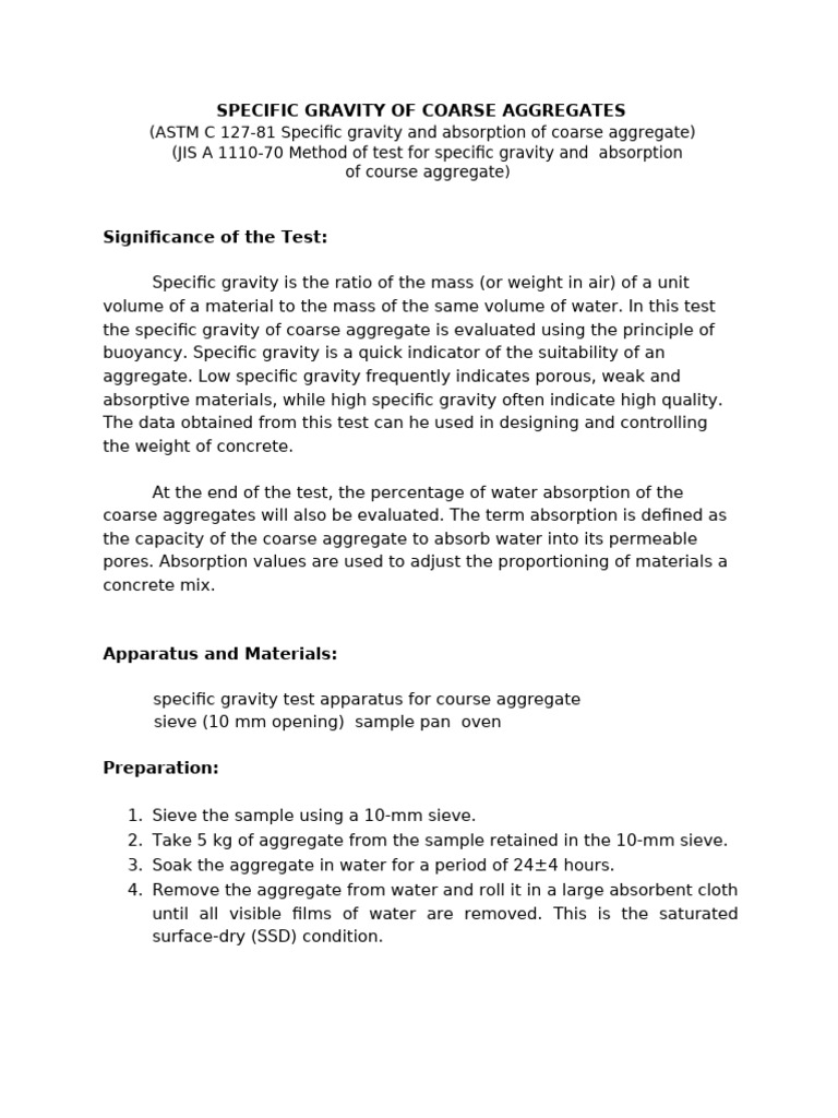 Specific Gravity of Coarse Aggregates Lab | PDF | Weight