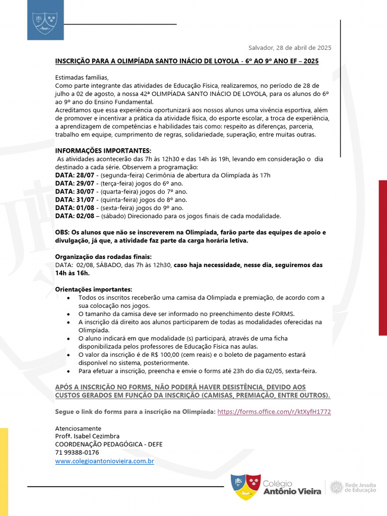 Comunicado - Olimpíada Santo Inácio | PDF