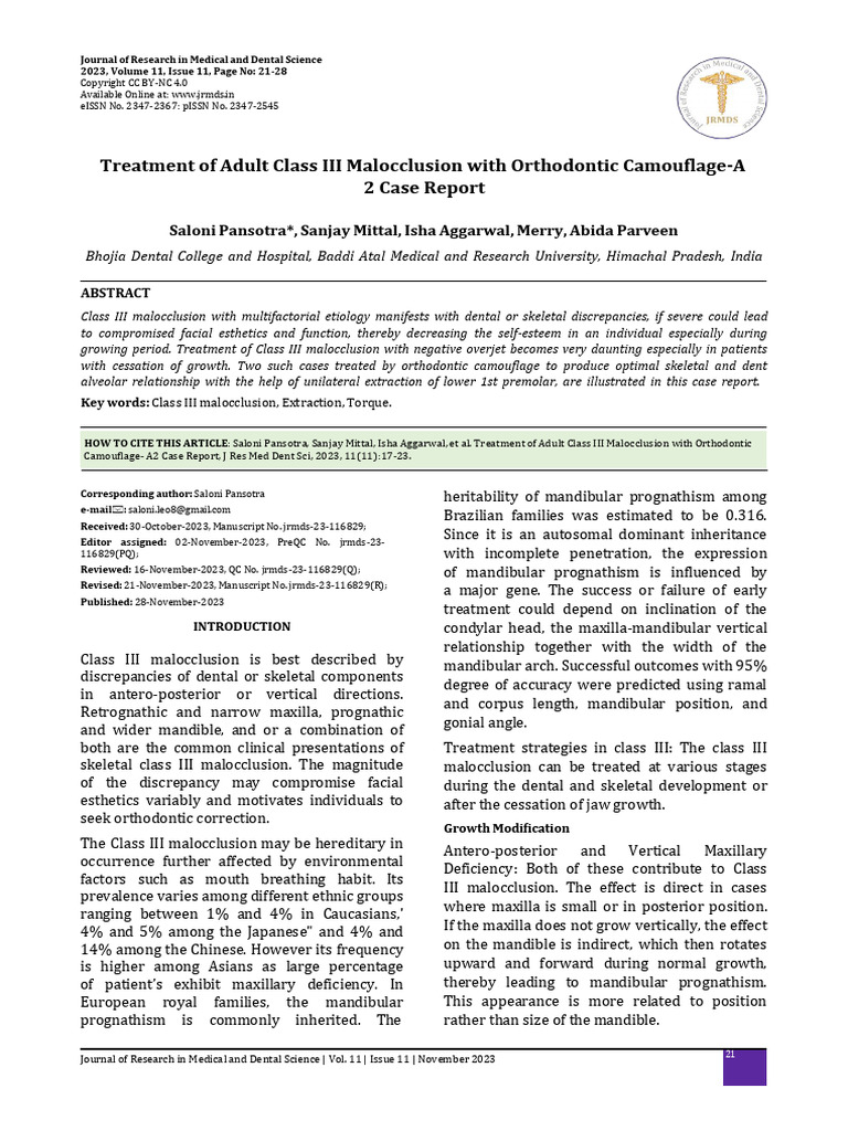 Treatment of Adult Class III Malocclusion With Orthodontic Camouflage a ...