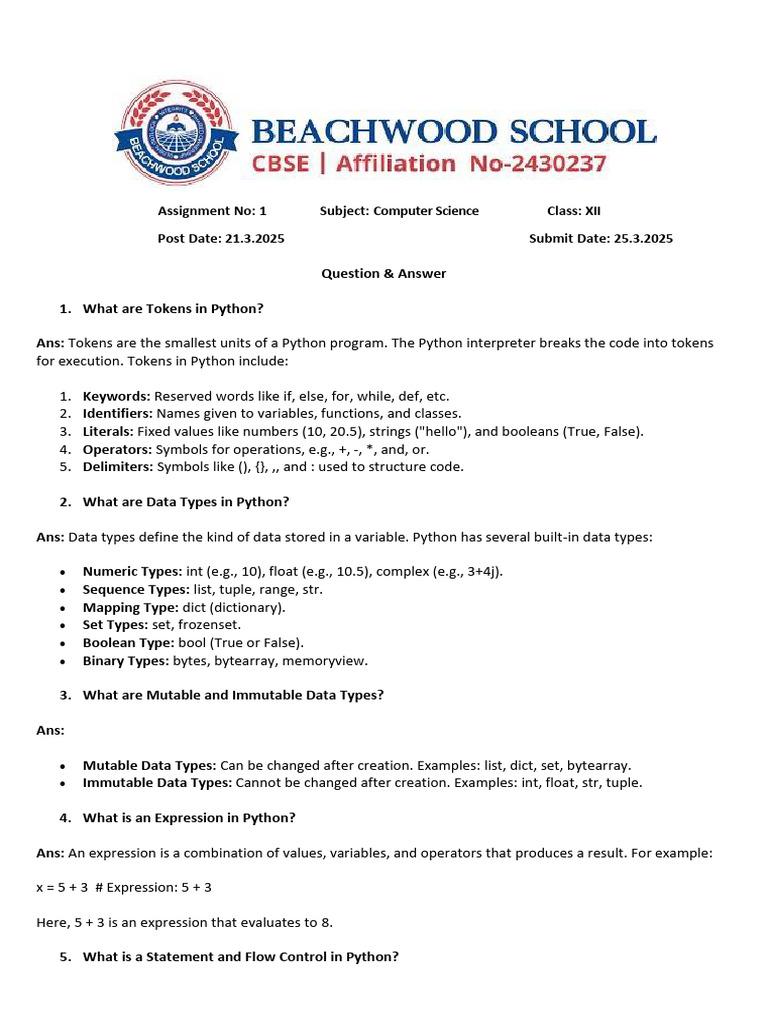 Class 12-assignment-1-CS | PDF | Control Flow | Data Type