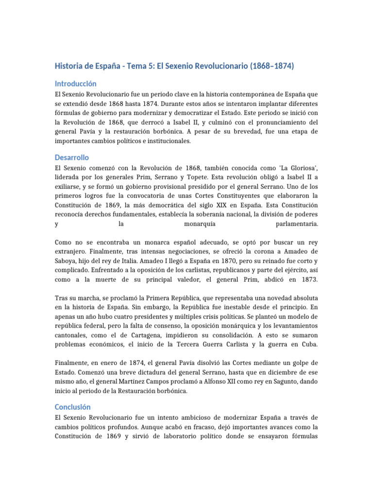 Historia Espana Tema5 Sexenio Revolucionario | PDF | España | Política de españa