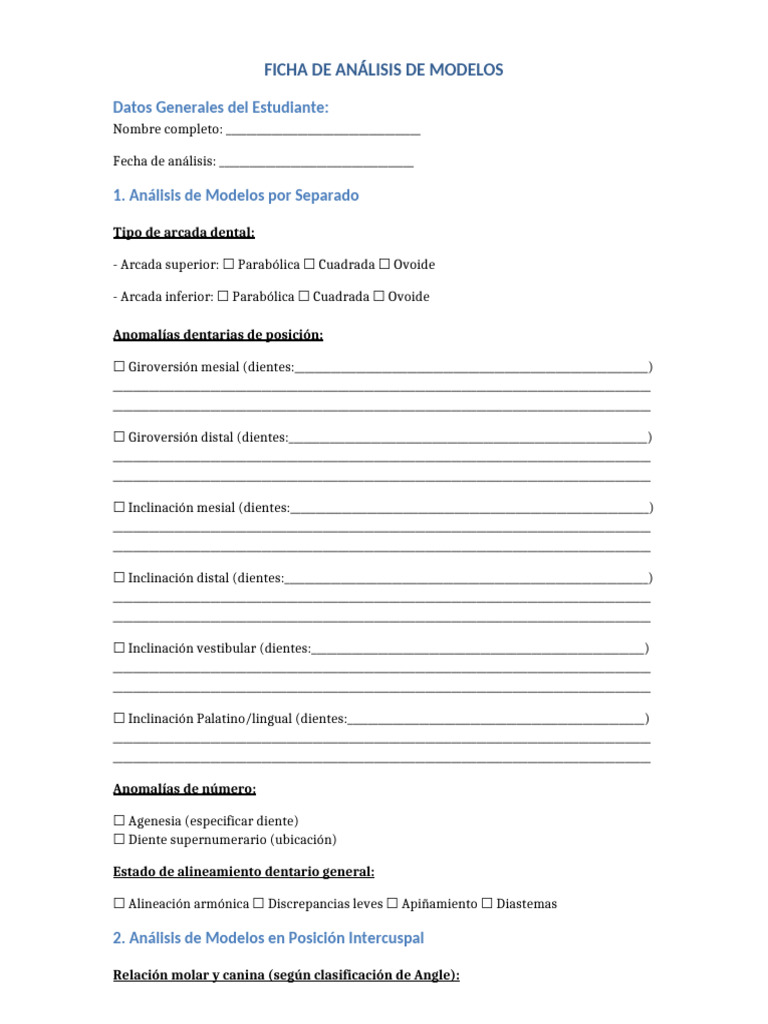 Ficha Analisis de Modelos EDITADA | PDF | Anatomia dental | Ramas de Odontología