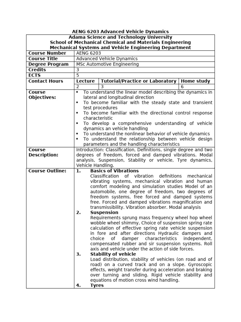 AENG 6203 Advanced Vehicle Dynamics | PDF | Motor Vehicle | Mechanical Engineering