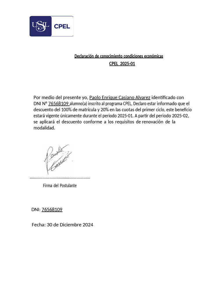 ACEPTACION DE CONDICIONES ECONOMICAS CPEL 2025-1 20 Renovable | PDF