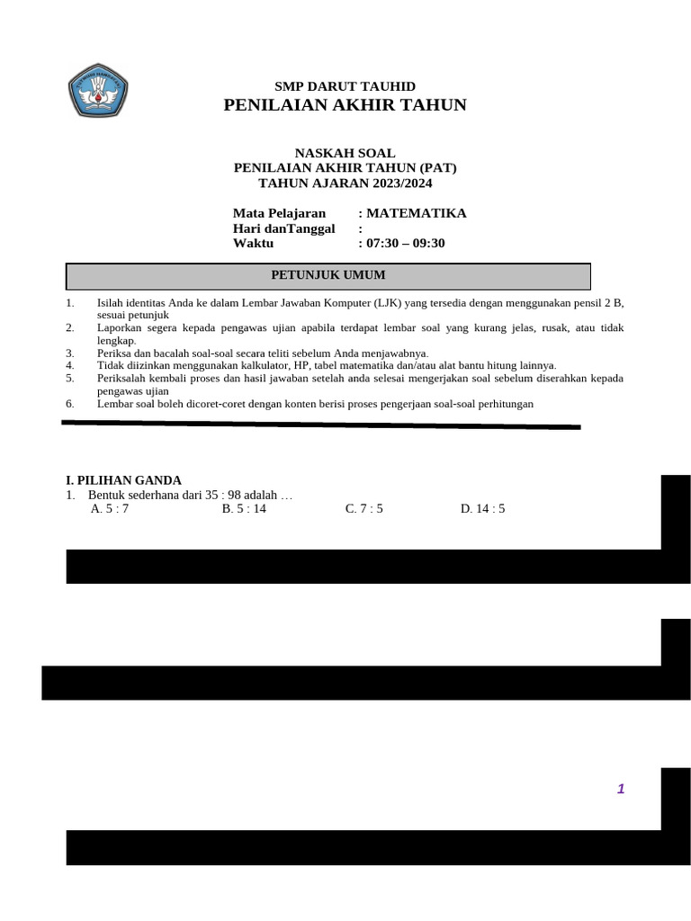 Soal PAT Kelas VII - MTK | PDF