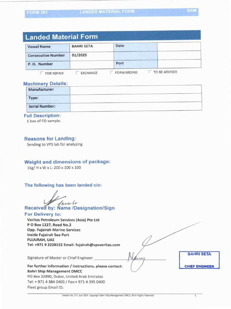 1 Form 301 - Landed Materials Form FO Sample - Colombo - 09.02.2025 | PDF
