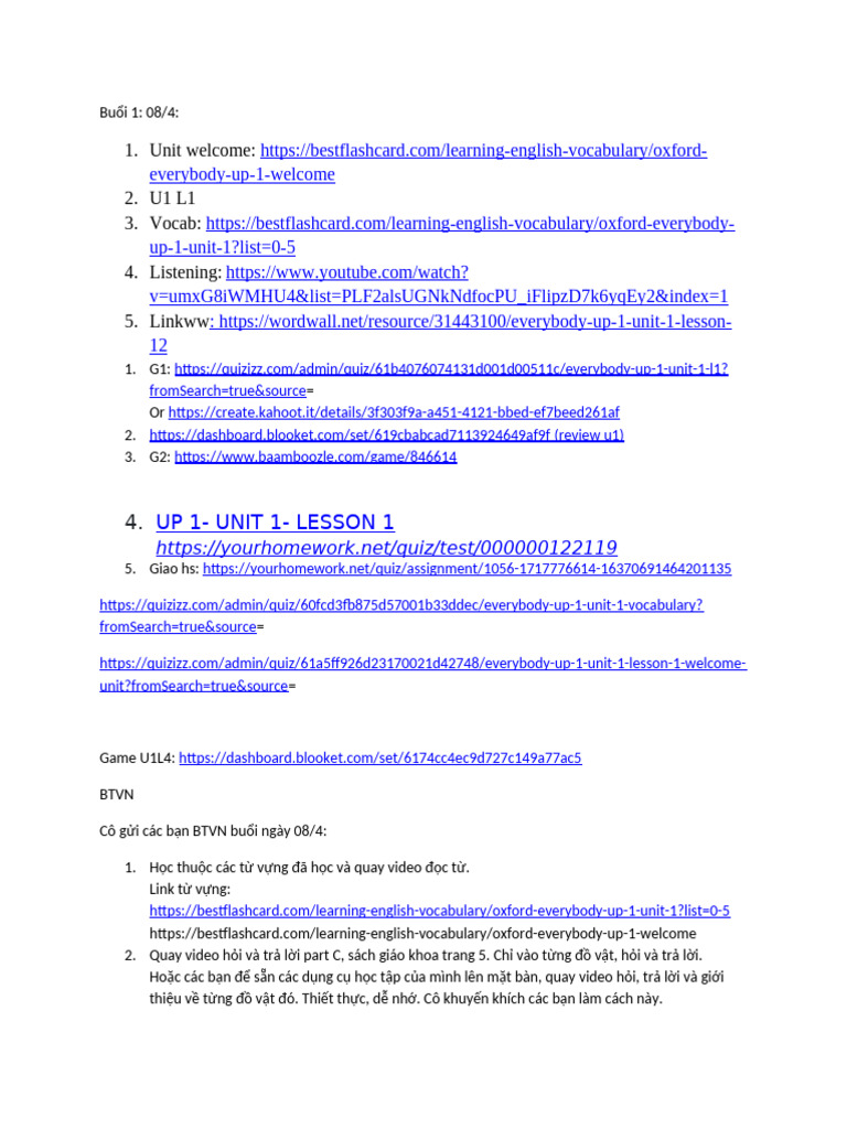 Unit Welcome: 2. U1 L1 3. Vocab: 4. Listening: 5. Linkww | PDF