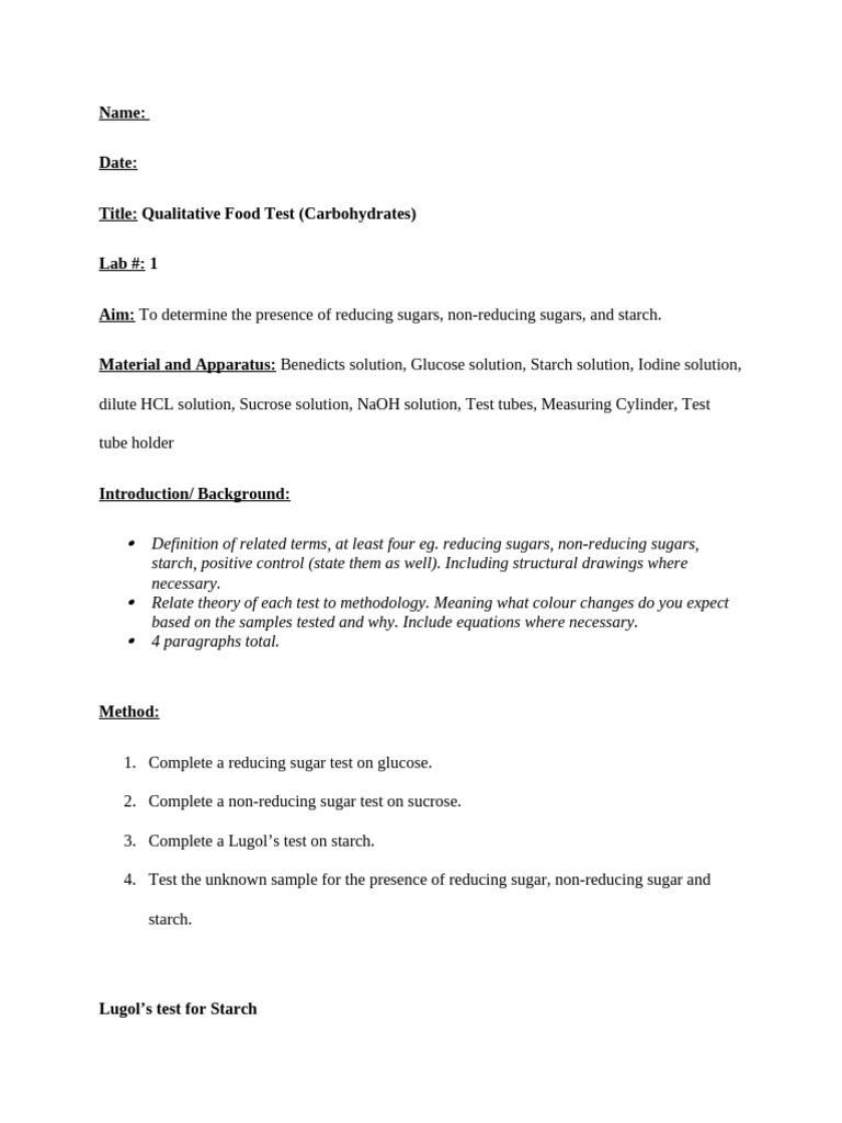 Lab 1 - Qualitative Carbohydrate Test | PDF | Sugar | Diet & Nutrition