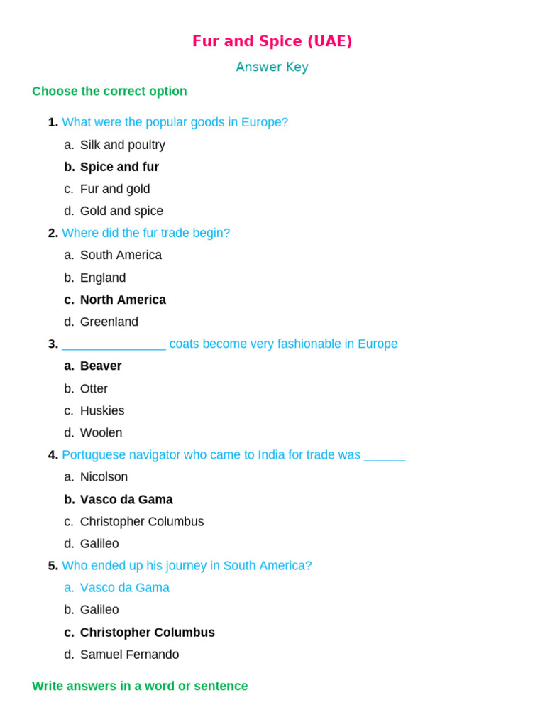 SST - UAE - AE - Fur & Spice - AnswerKey | PDF
