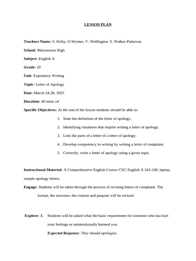 Lesson Plan - Letter of Apology 2 | PDF