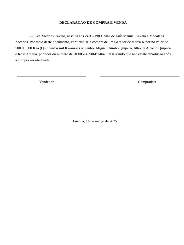 Declaração de Compra e Venda Gerador Kipor 2025 | PDF