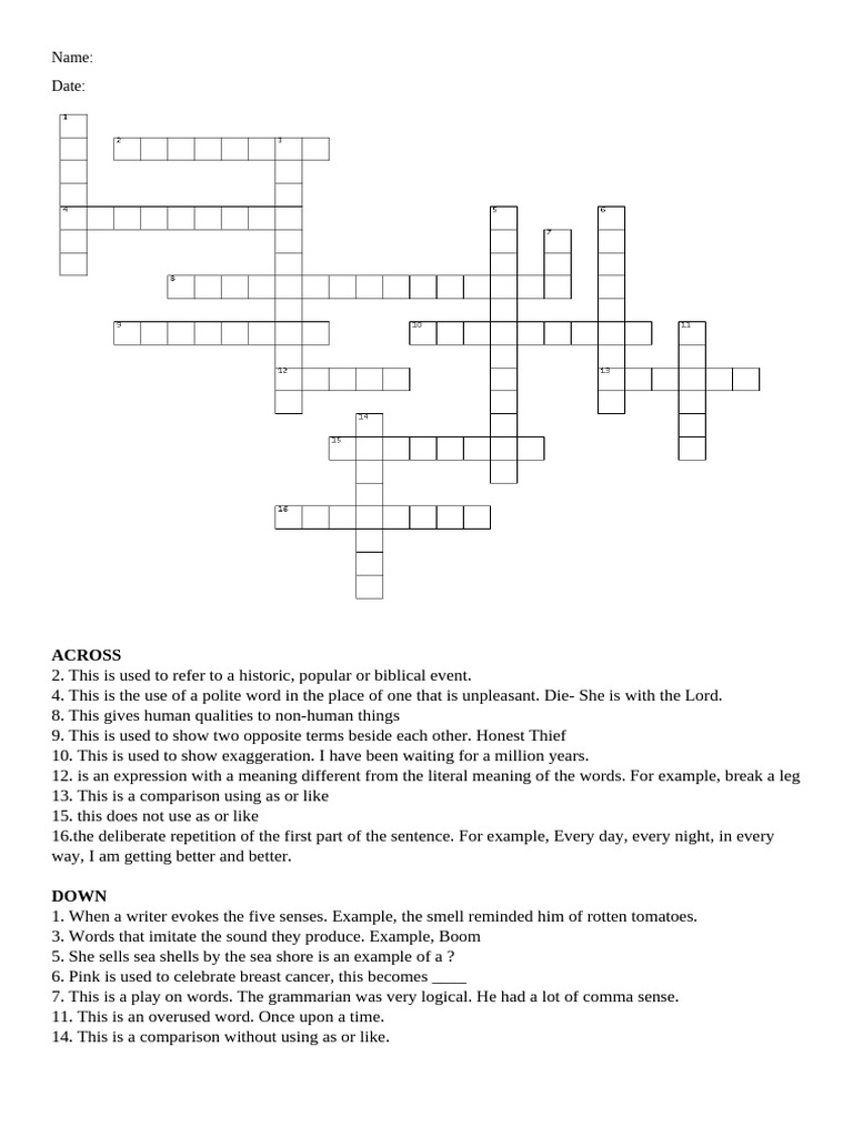 PUZZLE. GRADE 11 - Literary Device | PDF