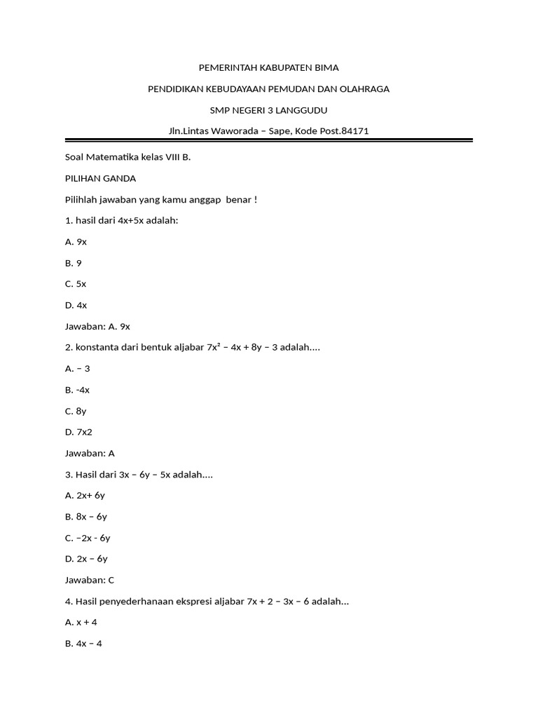 Soal Matematika Kelas 7a | PDF