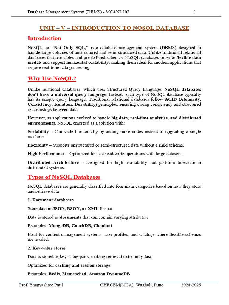 UNIT 5 NoSql DBMS Notes | PDF | No Sql | Databases