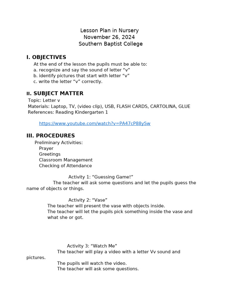 Lesson Plan in Nursery - Docx 1 | PDF
