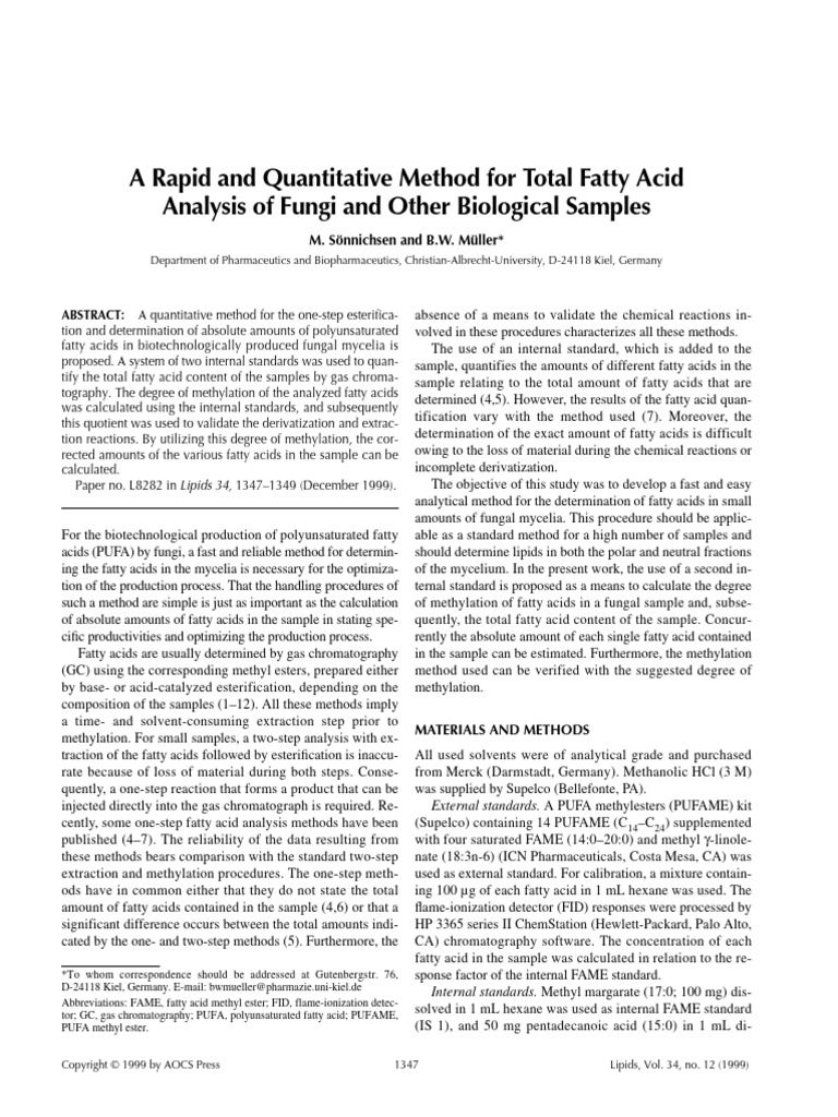 A Rapid and Quantitative Method For Total Fatty Acid Analysis of Fungi ...