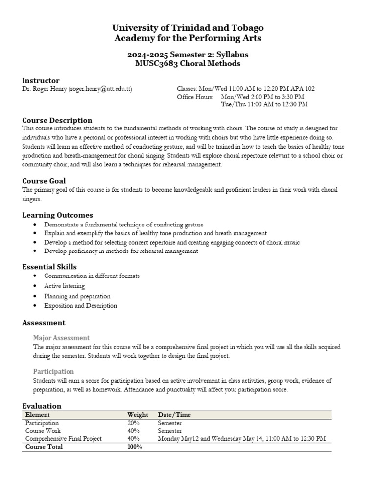 Choral Methods Syllabus 2024-2025 | PDF | Choir | Learning