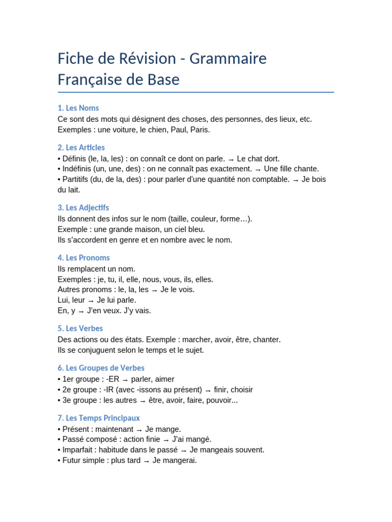 Fiche de Révision : Grammaire Française | PDF