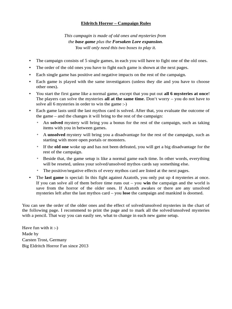 Eldritch Horror - Campaign Rules | PDF | Cthulhu Mythos | H. P. Lovecraft