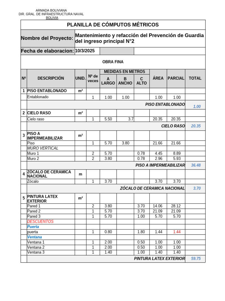 Computos Metricos Refaccion Prevencion | PDF | Bolivia | Marinas