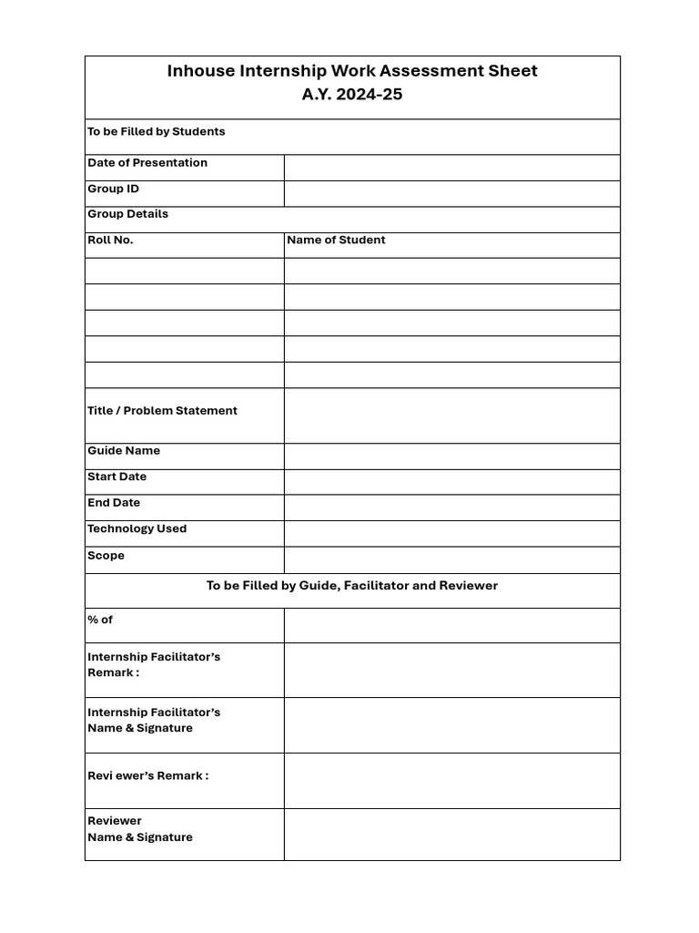 Inhouse Internship Work Assessment Sheet - 2024-25 | PDF