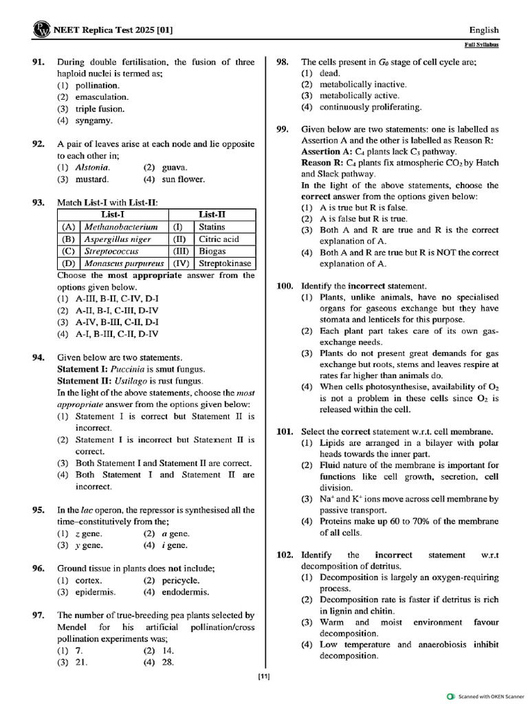 NEET Replica Test 01 - Test Paper - Ummeed NEET 2025 - 11 | PDF