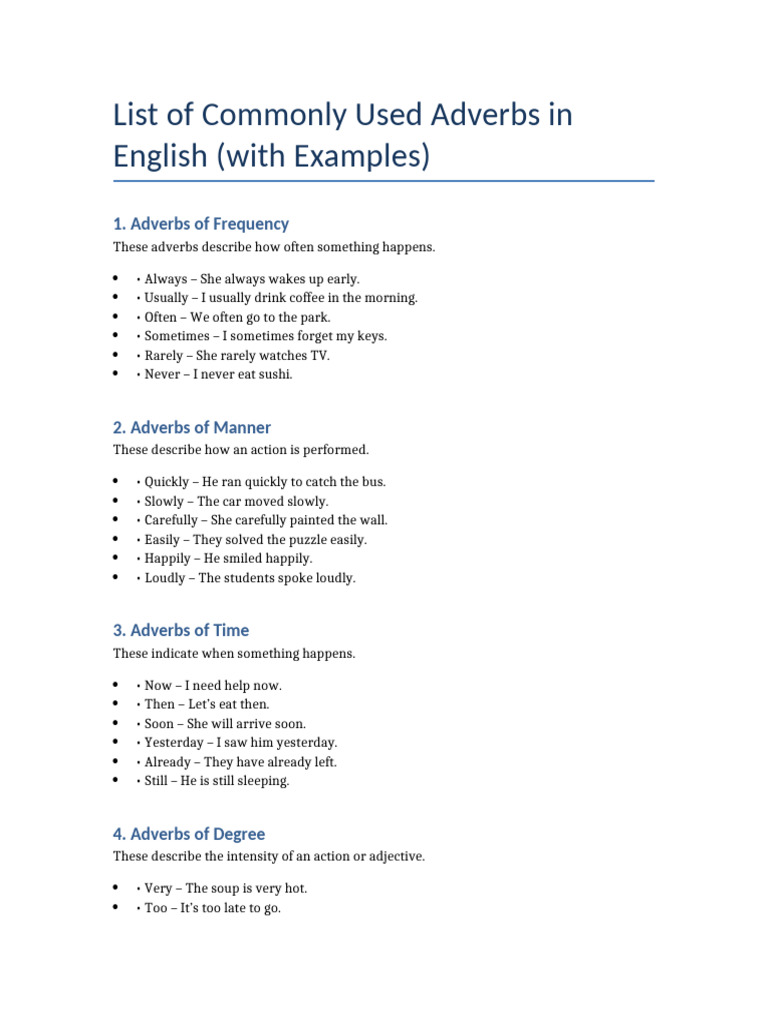 Common Adverbs With Examples | PDF | Adverb | Linguistic Morphology