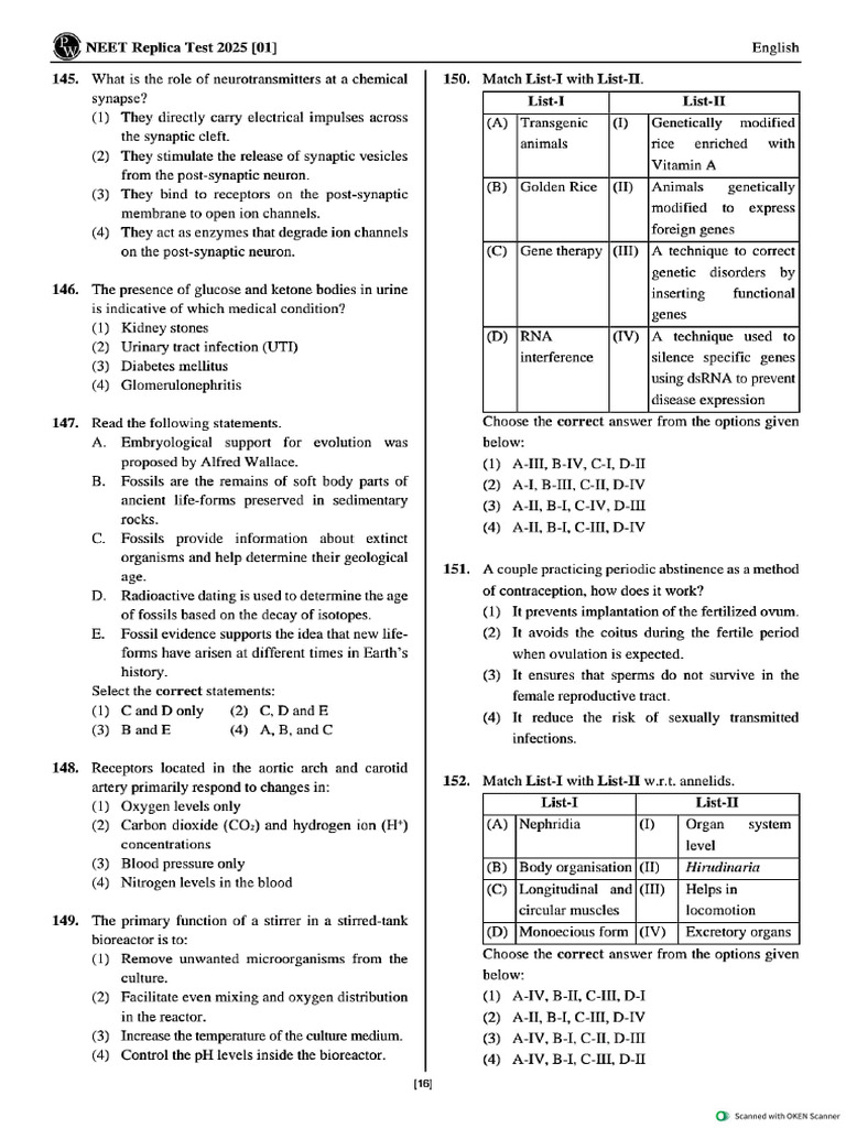 NEET Replica Test 01 - Test Paper - Ummeed NEET 2025 - 16 | PDF