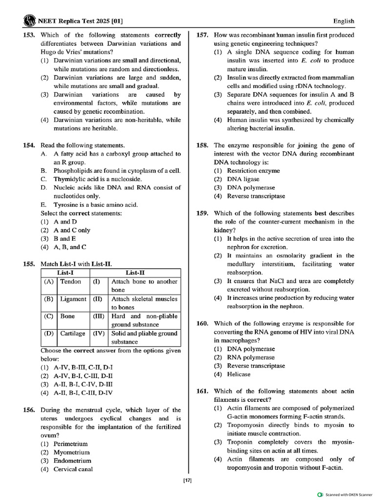 NEET Replica Test 01 - Test Paper - Ummeed NEET 2025 - 17 | PDF