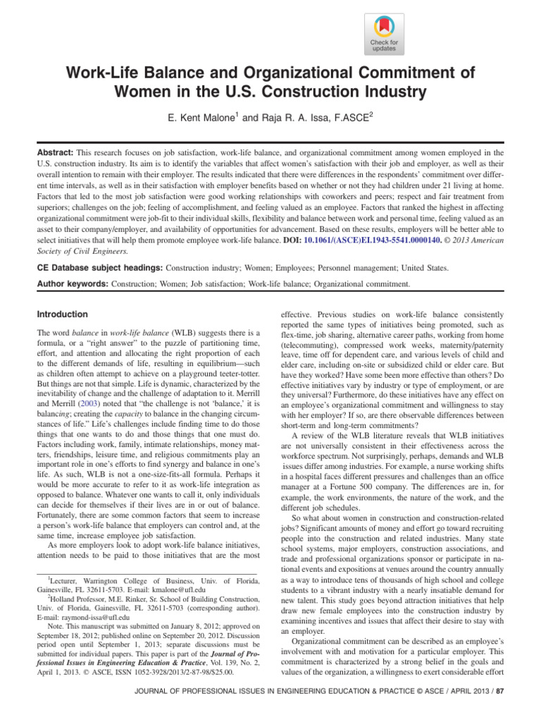 Work life balance and organizational commitment of women in the us construction industry | PDF ...