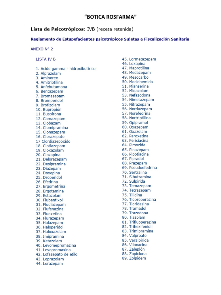 Lista de Psicotropicos IV B | PDF | Psicofarmacología | Drogas Psicoactivas