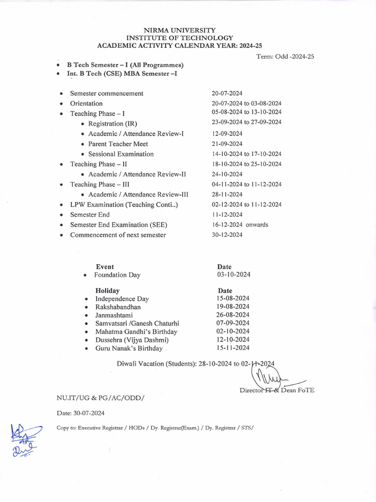 Academic Activities Calendar For BTech Semester I Odd Term 2024 25 | PDF