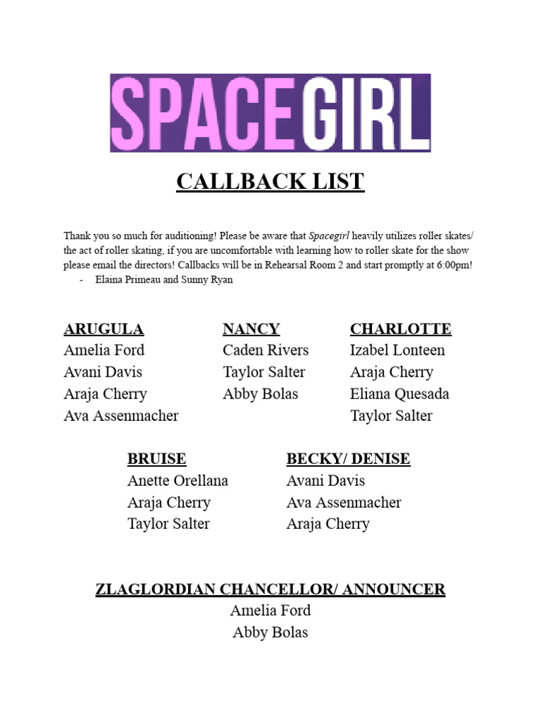 Spacegirl Callback List | PDF