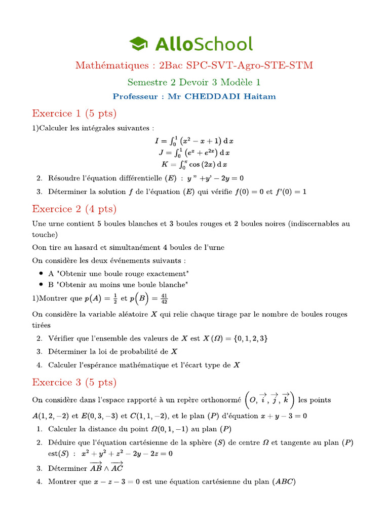 Math 2bac SPC Semestre 2 Devoir 3 Modele 1 4 | PDF