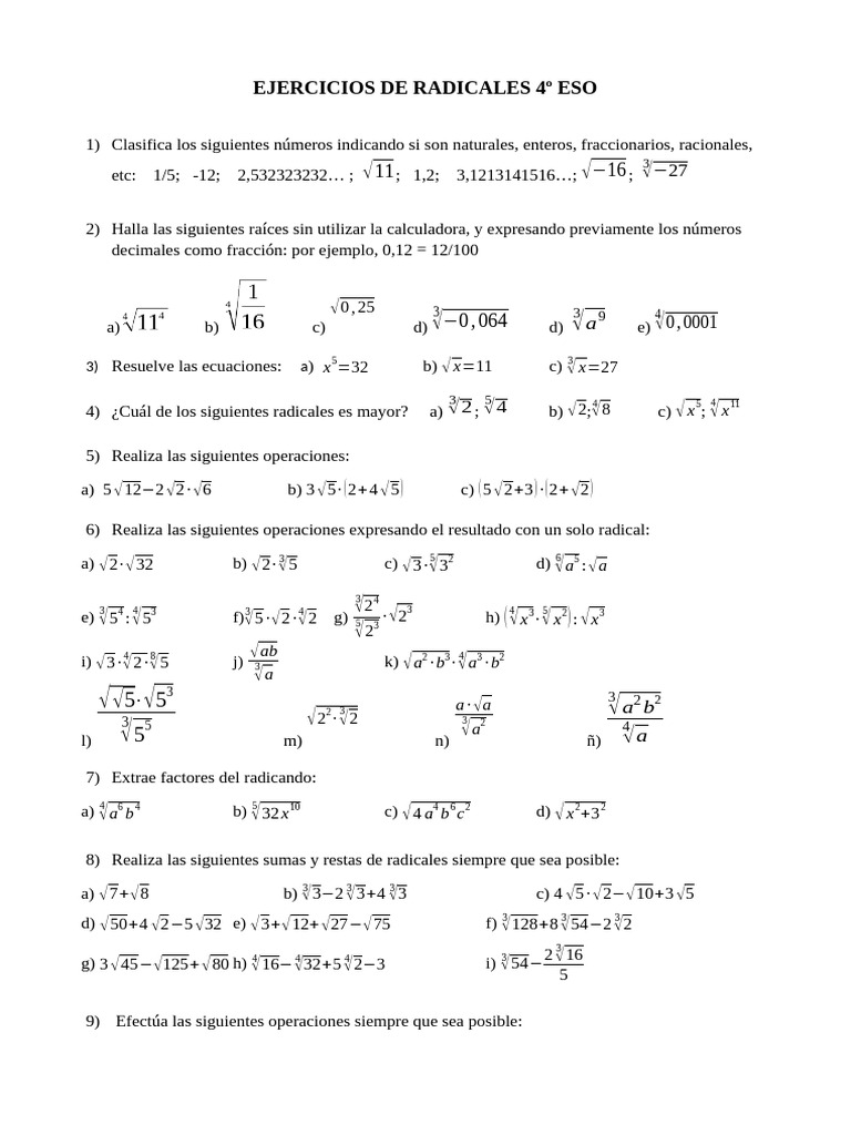 Ejercicios Resueltos de Radicales 4º ESO | PDF | Objetos matemáticos ...