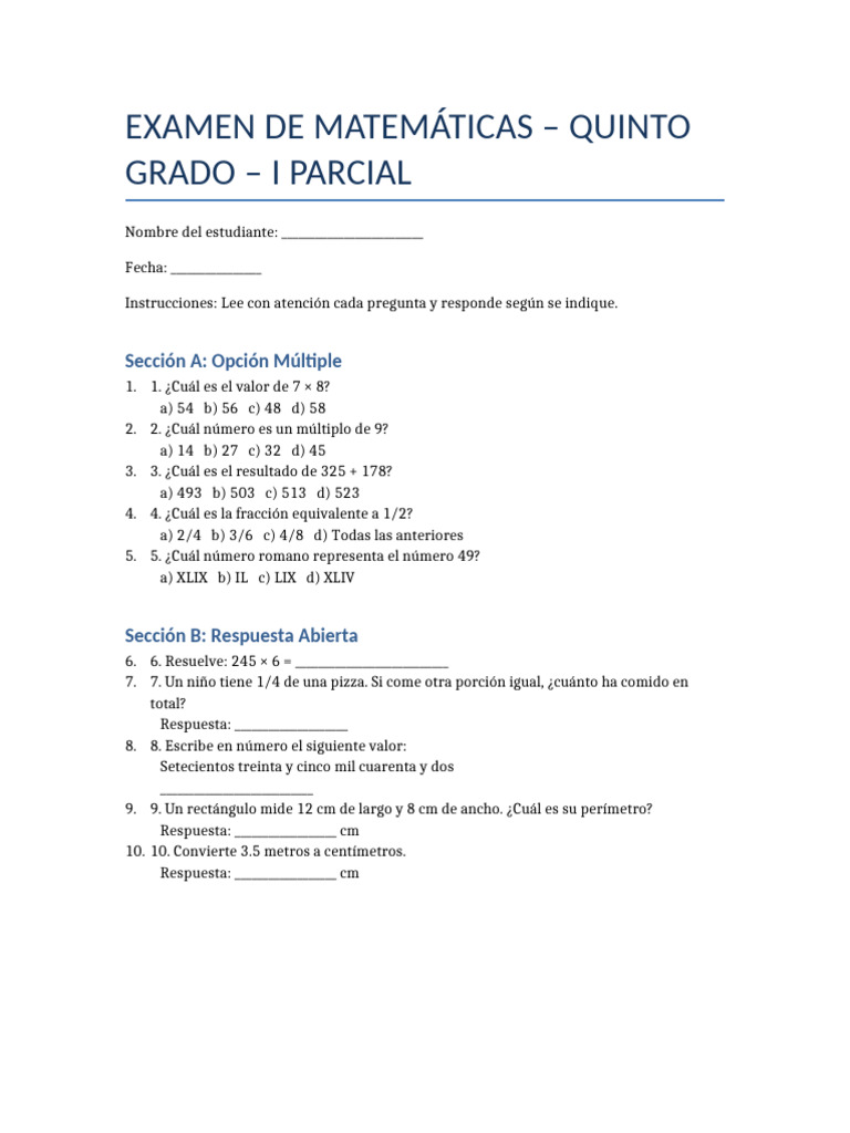 Examen de Matemáticas 5to Grado I Parcial | PDF