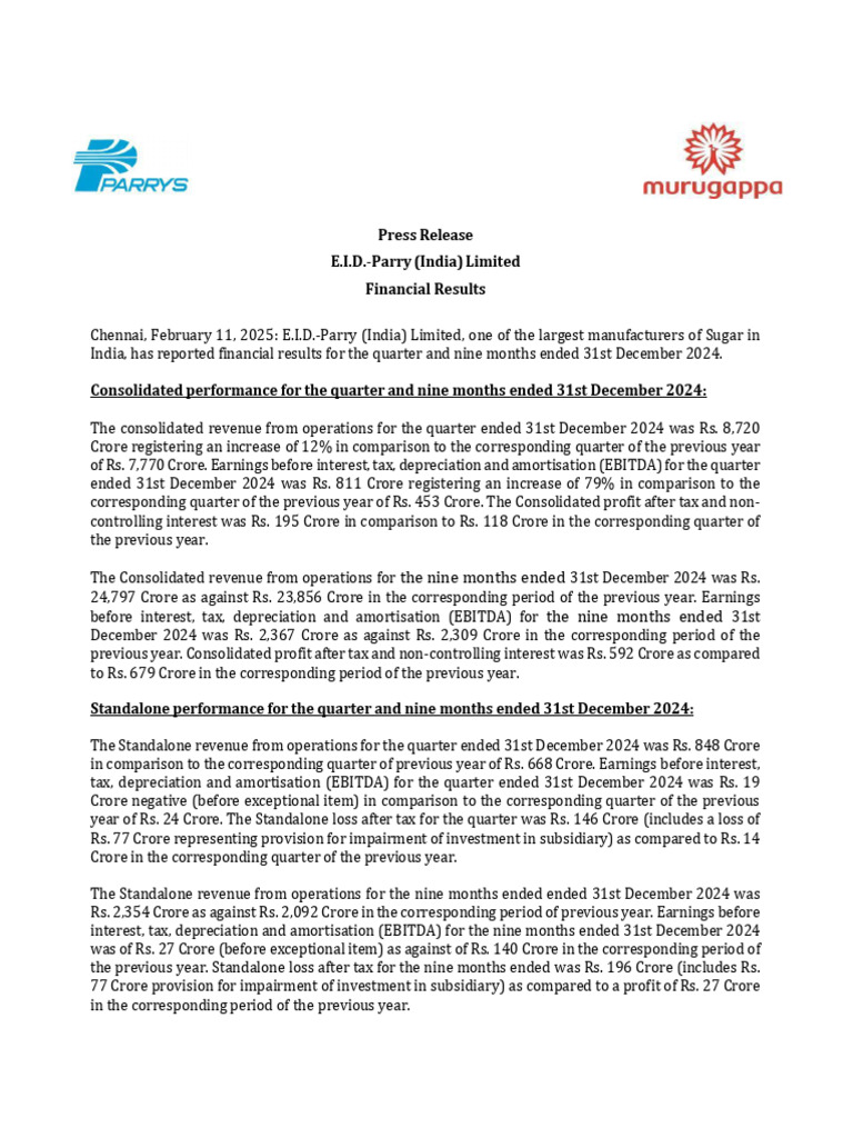 E.I.D.-Parry Q3 2024 Financial Results | PDF | Economies