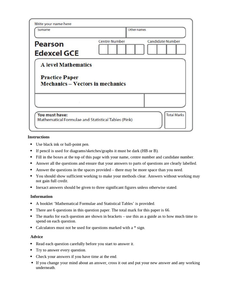 A Level Mathematics - Practice Paper - Vectors in Mechanics | PDF ...