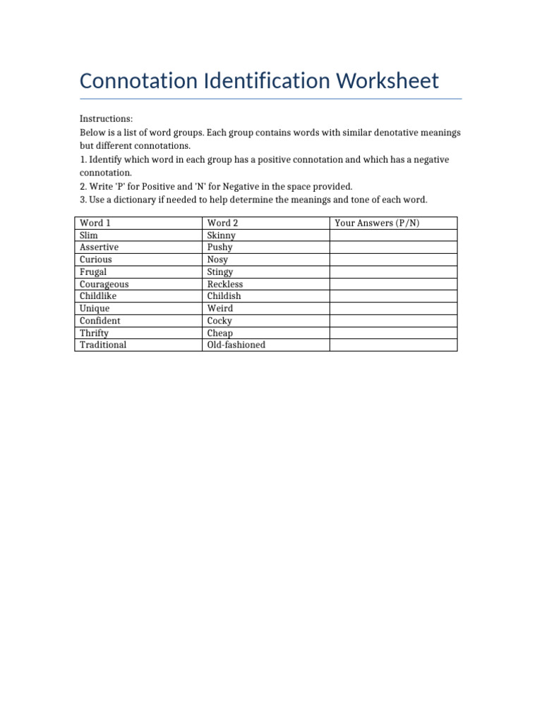 Connotation Identification Worksheet | PDF